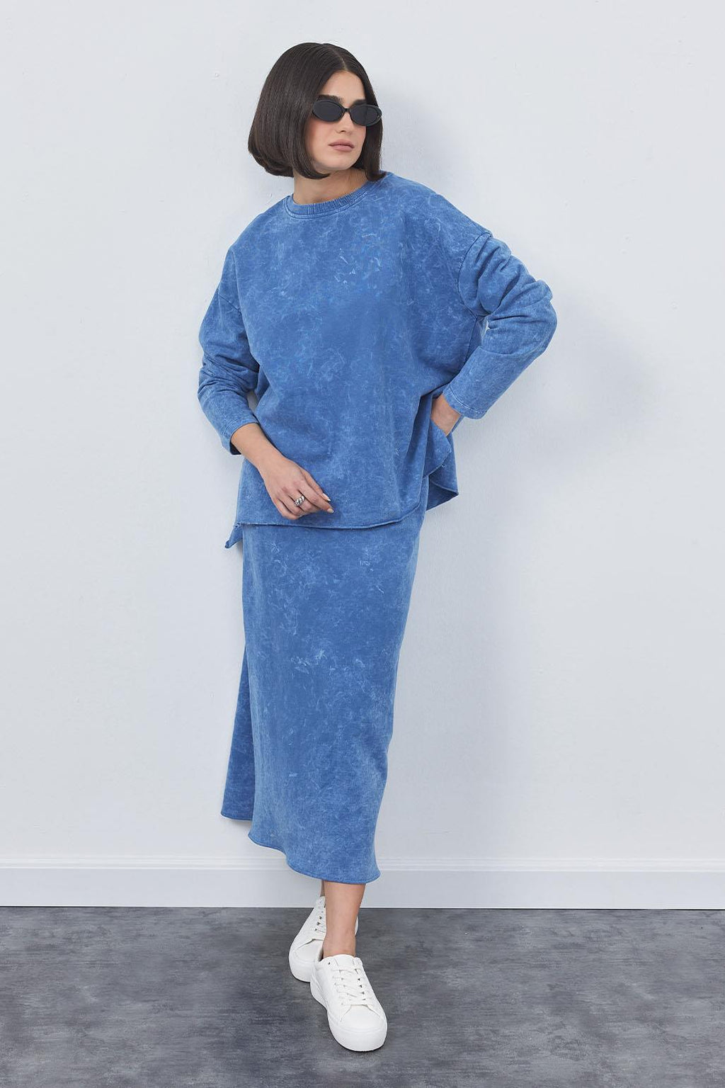 Faded Effect Basic Tunic Pencil Skirt Set Indigo – Kadriye Baştürk Global